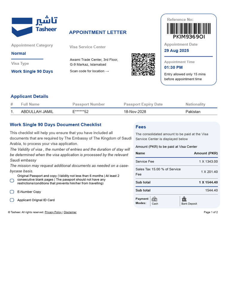 Tasheer Visa Appointment Details | PDF | Travel Visa | Passport