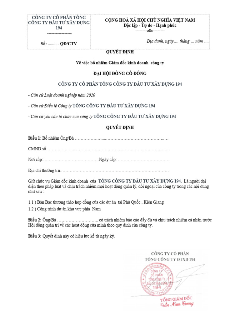 Quyet Dinh Bo Nhiem Giam Doc Cong Ty | PDF