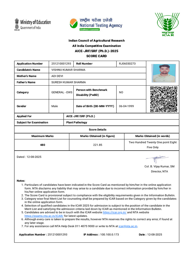 AICE-JRF/SRF (Ph.D.) Score Card 2025 | PDF
