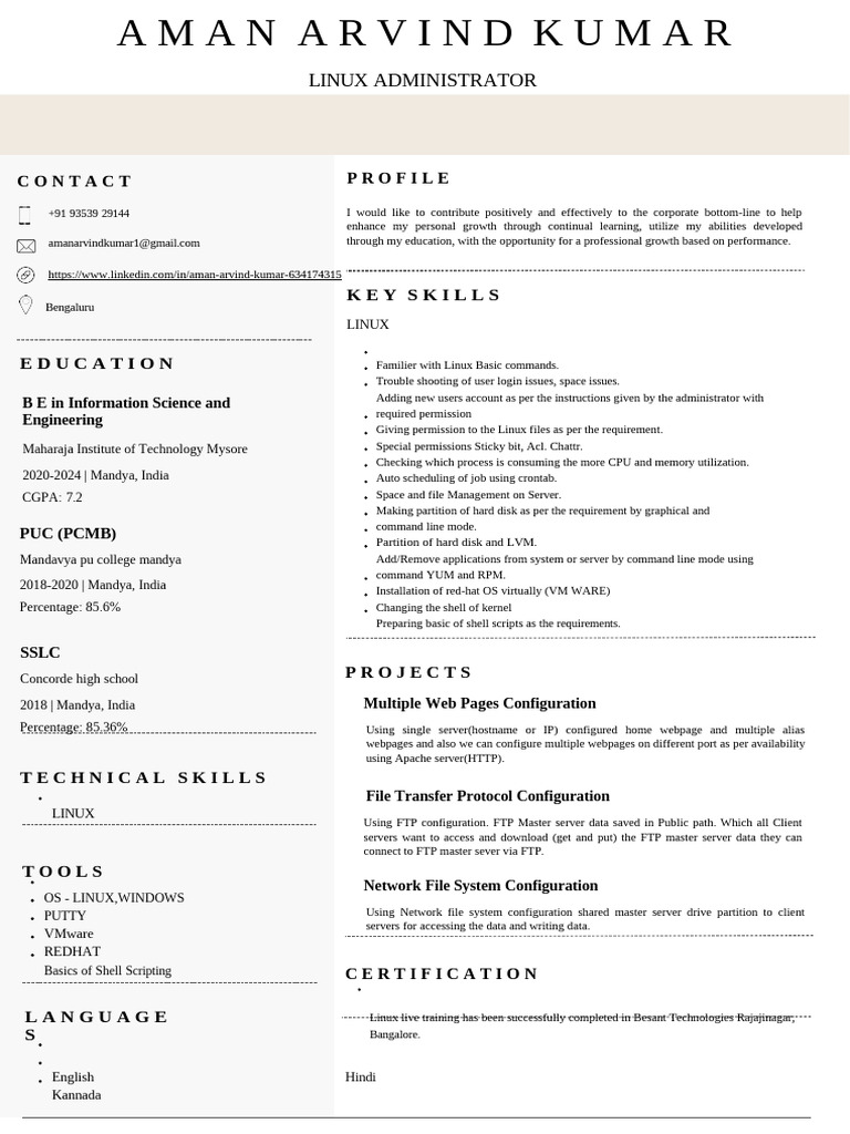 Fresher 2024 BE ISE Aman Arvind Kumar (Linux Admin) | PDF | File ...