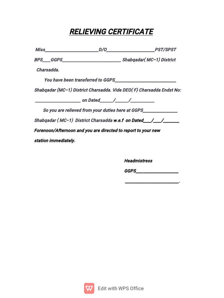 Transfer Relief Certificate Template | PDF