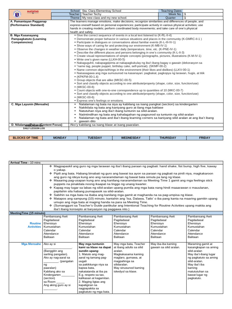 Kindergarten DLL Matatag Q1 Week 1 | PDF