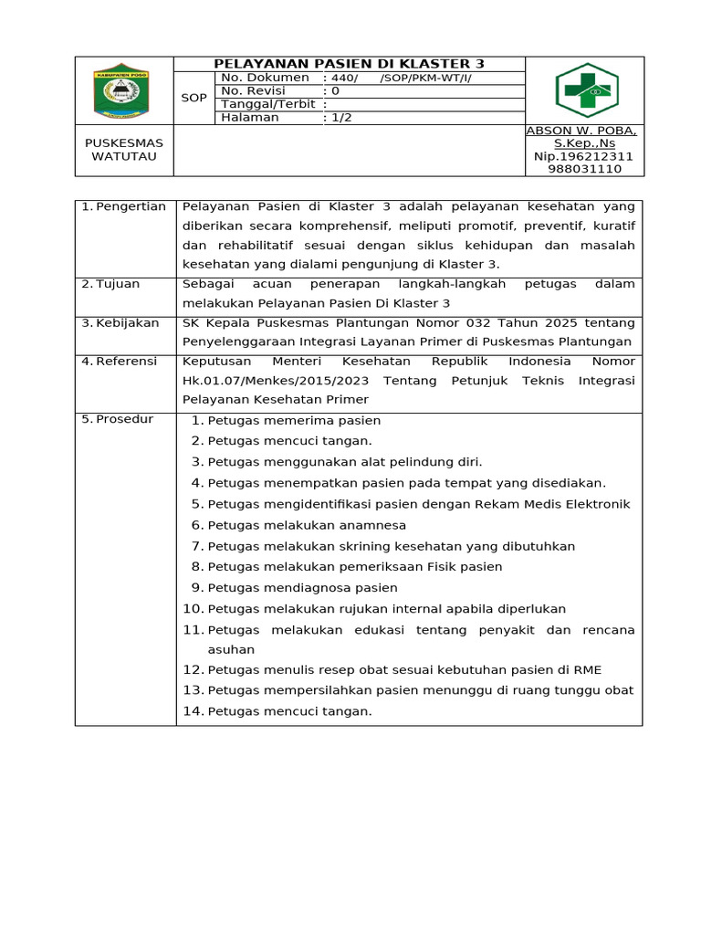 Sop Pelayanan Klaster 3 | PDF