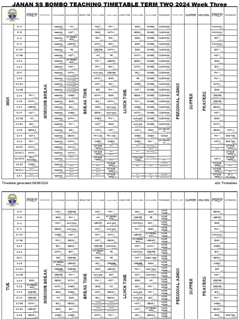 Janan SS Bombo Teaching Timetable 2024 | PDF
