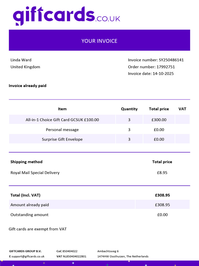Invoice for Gift Cards Order | PDF