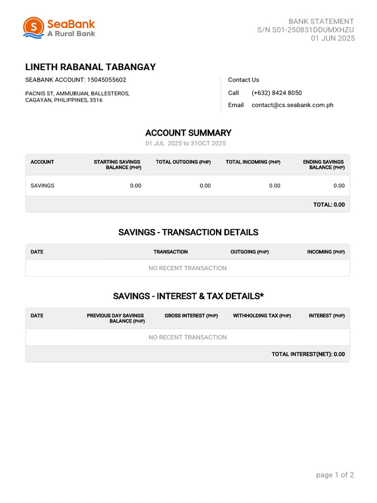 SeaBank Savings Account Statement Summary | PDF | Interest | Financial ...