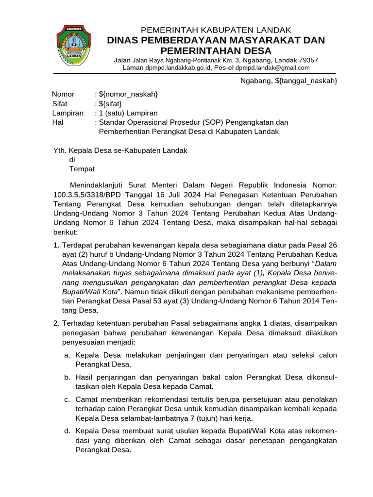 Surat Pedoman Pengangkatan Dan Pemberhentian Perangkat Desa | PDF