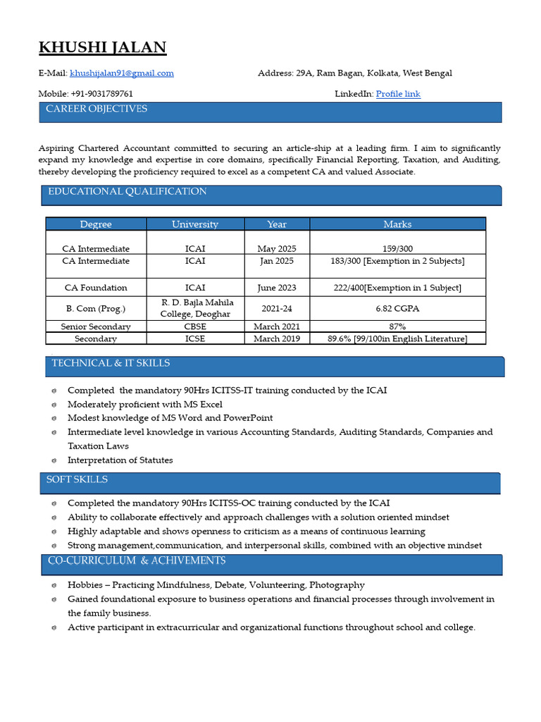 Aspiring Chartered Accountant Profile | PDF