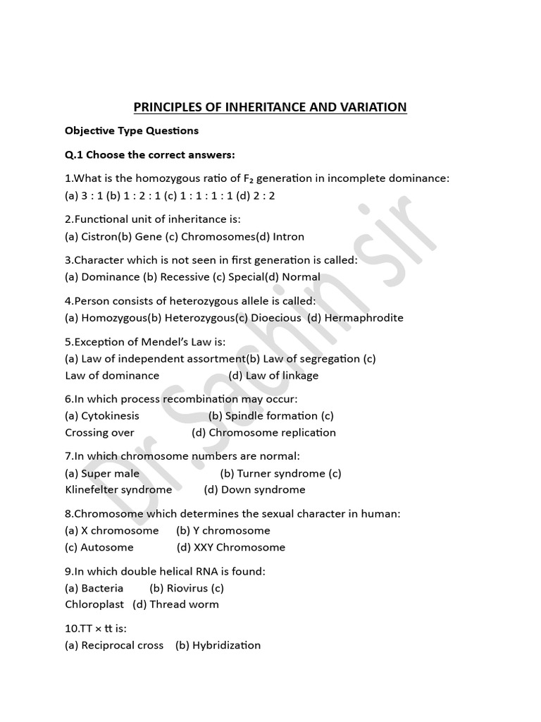Exercise Principles of Inheritance and Variation | PDF | Dominance ...