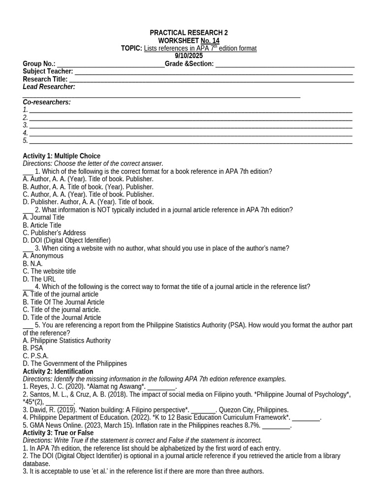 14.-Lists References in APA Format 7th Edition Worksheet Word | PDF ...
