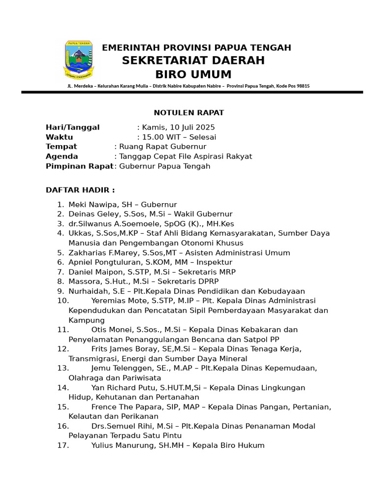 Notulen Rapat - 10 Juli 2025 | PDF