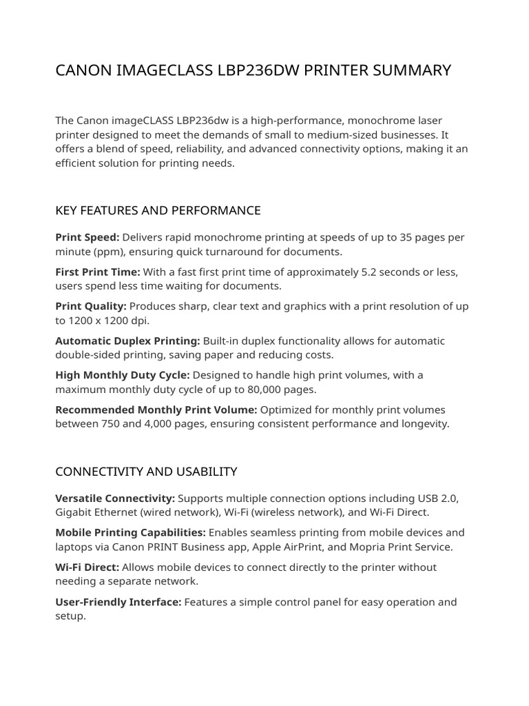 Canon LBP236dw Printer Summary | PDF | Printer (Computing) | Wi Fi