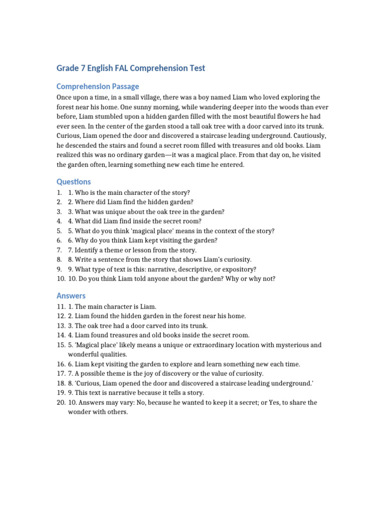 Grade 7 English Comprehension Test | PDF
