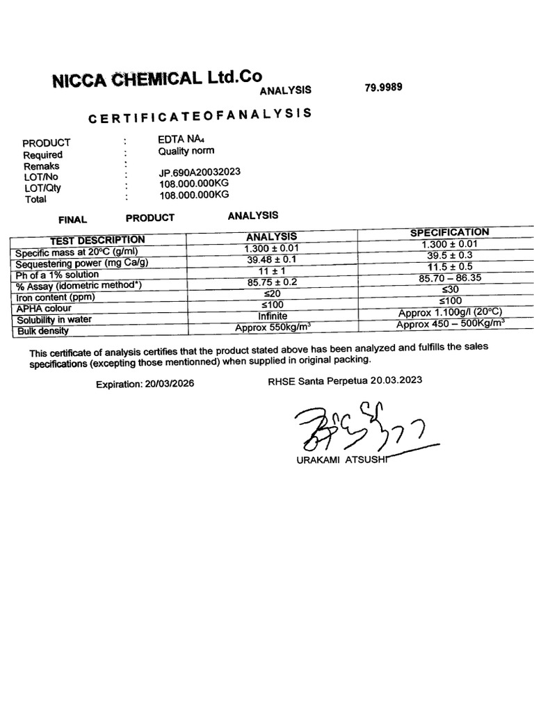 Edta. 4na (Nhật) - Coa - Nicca Chemical (20.03.2023) Lot No. Jp ...