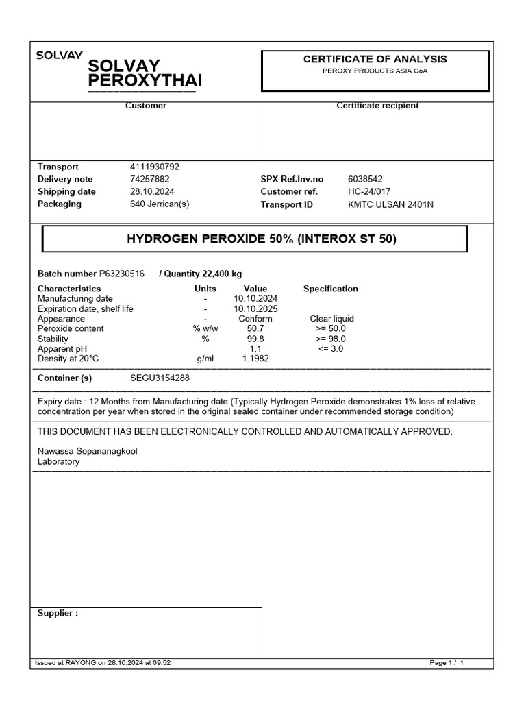 Oxy (H2o2) - Interox St-50 - Coa - Solvay Peroxythai (10.10.2024) Batch No. p63230516 | PDF