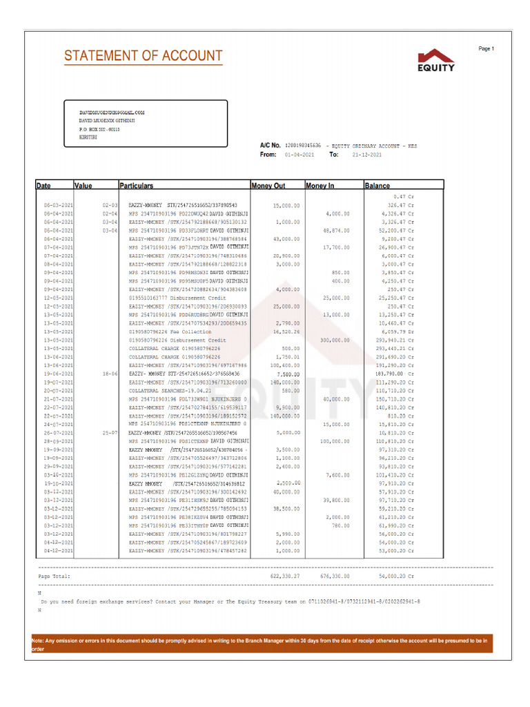 Equity Bank Statement | PDF