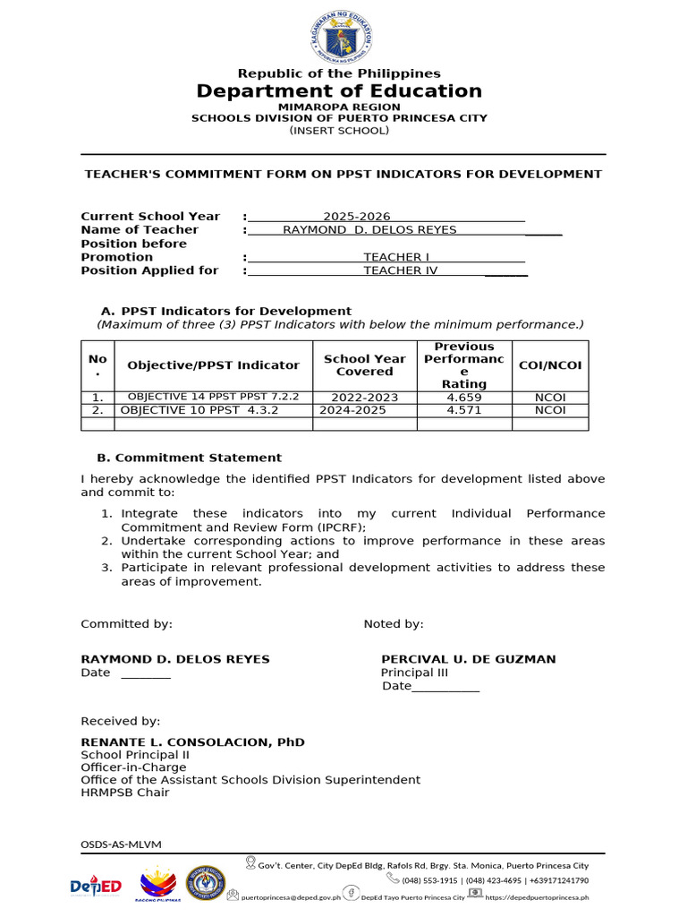 Teachers Commitment Form On PPST Indicators For Development | PDF | Philippines