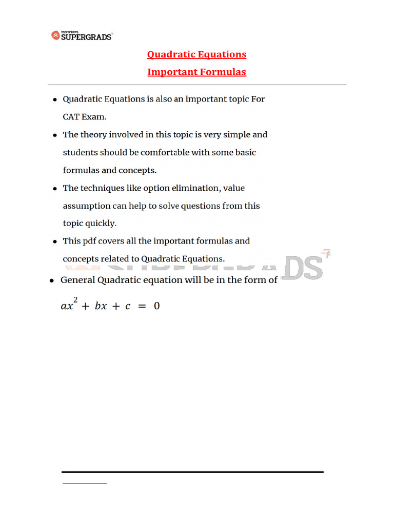Quadratic Equations - Imp Formulas | PDF