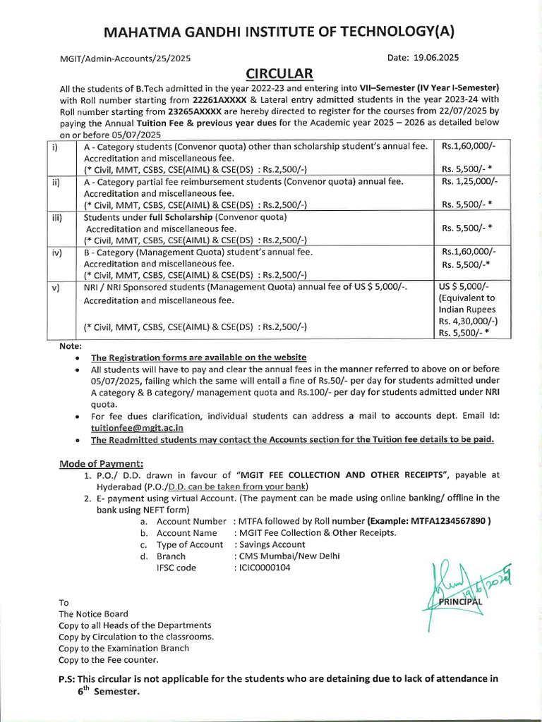 Fee Circular For VII Semester Students | PDF