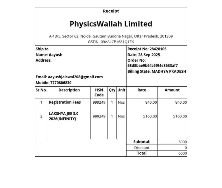 Lakshya Batch Bill | PDF