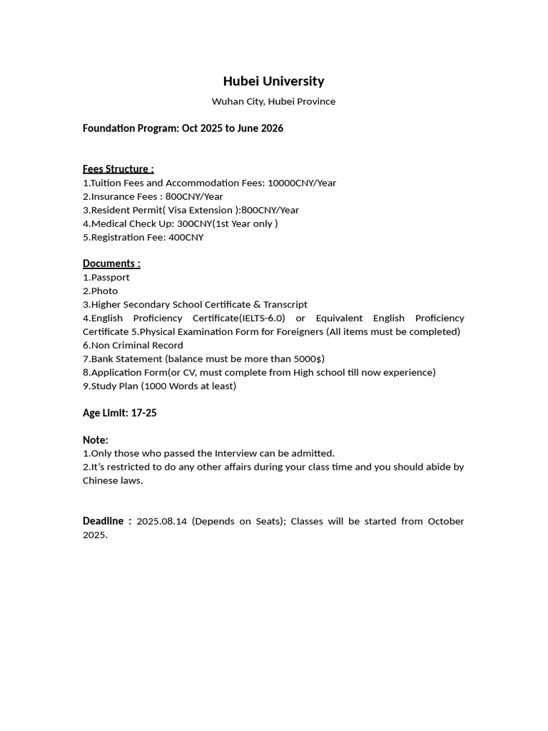 Hubei University Foundation Program Details | PDF