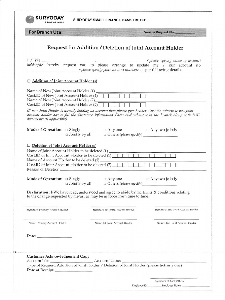 Request For Addition Deletion of Joint Account Holder Form F39b3ee3c3 | PDF