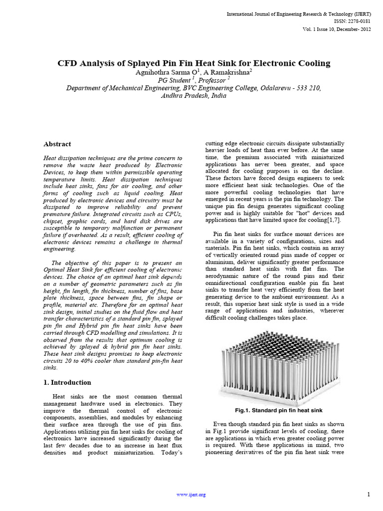 CFD Analysis of Splayed Pin Fin Heat Sink For Electronic Cooling ...