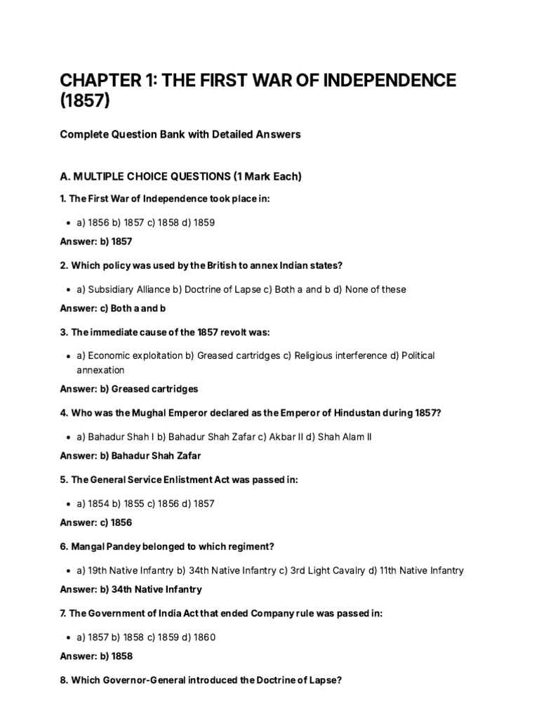 First War of Independence 1857 Quiz | PDF | Indian Rebellion Of 1857 ...