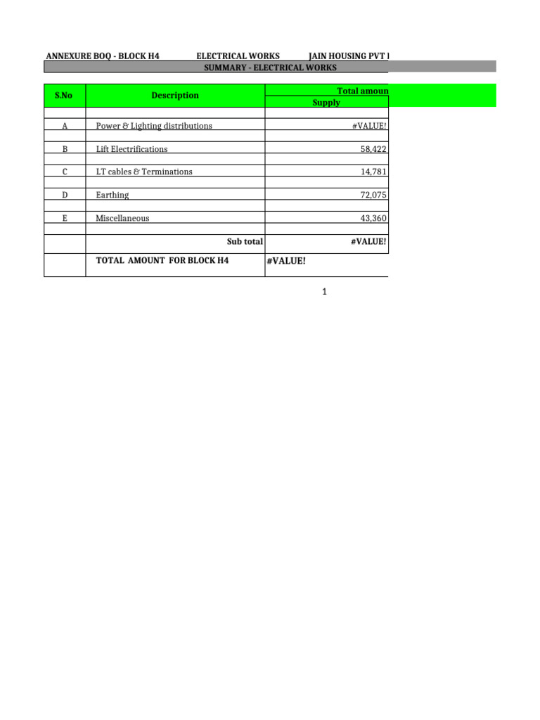 Electrical Works BOQ for Block H4 | PDF | Electrical Wiring | Masonry