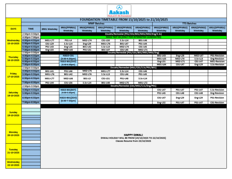 Foundation Time Table - 15th-Oct to 21st-Oct-2025 | PDF | Workweek And Weekend