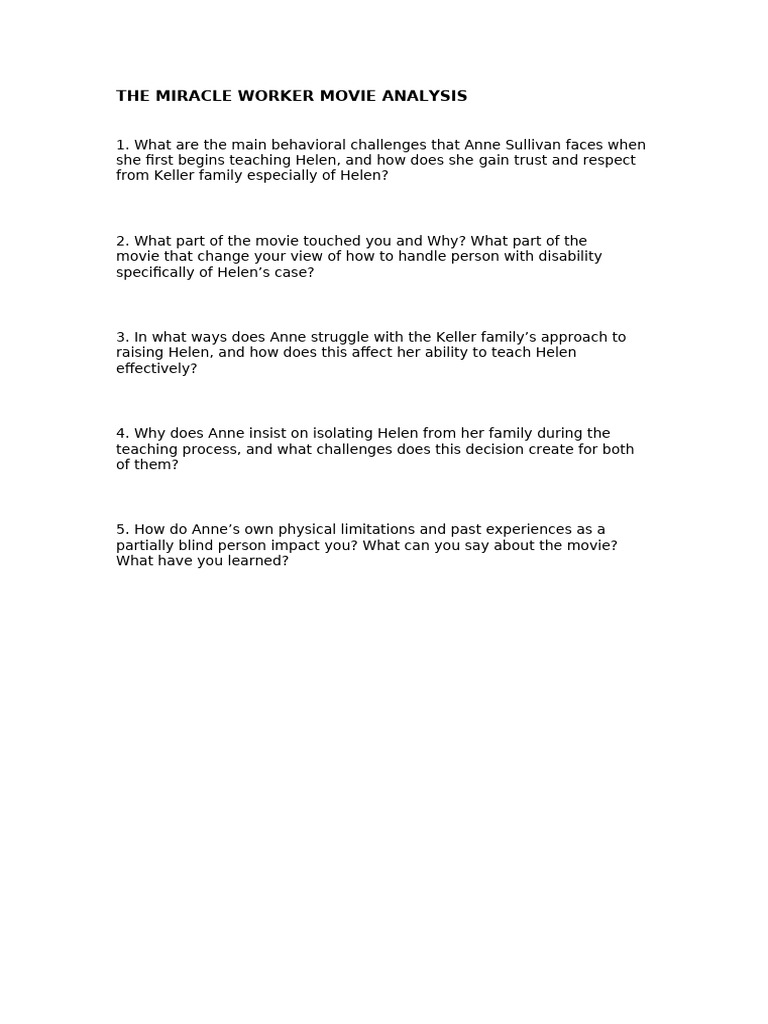 The Miracle Worker Movie Analysis - Docxquestions | PDF