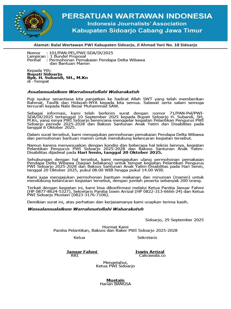 Permohonan Pemakaian Pendapa PWI 2025 | PDF