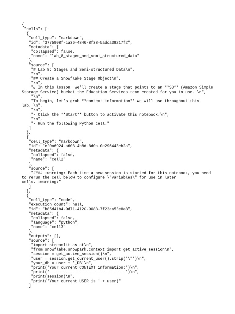 Ob Lab 8 Stages and Semi Structured Data | PDF | Table (Database) | Comma Separated Values