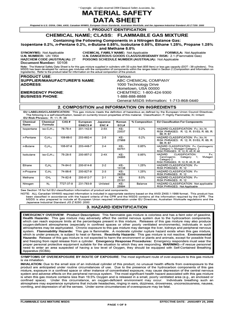 Flammable Gas Mixture MSDS Guide | PDF | Oxygen