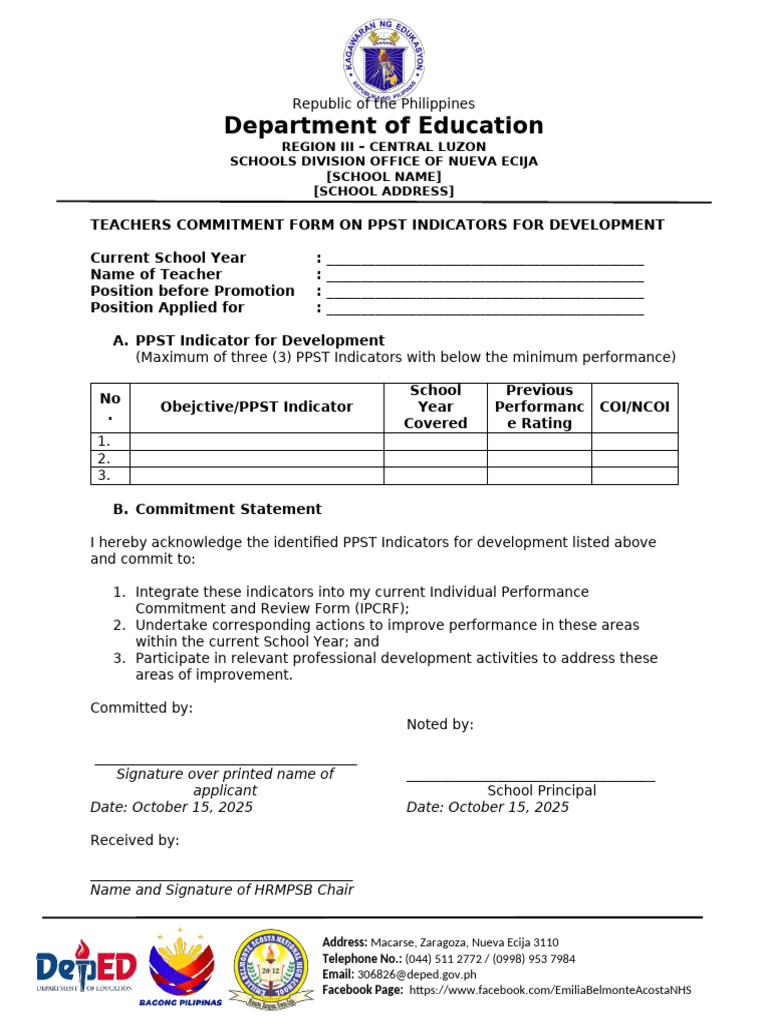 Teachers Commitment Form On PPST Indicators For Development | PDF
