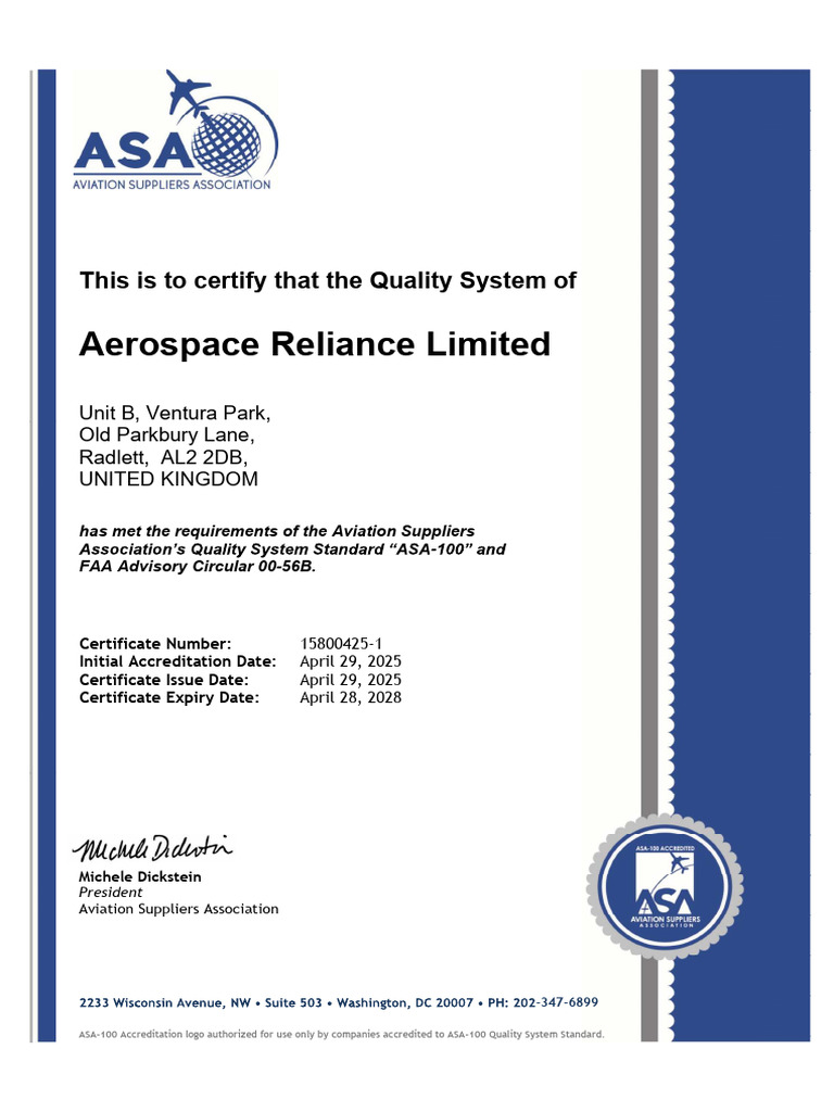Aerospace Reliance ASA 100 Certificate | PDF