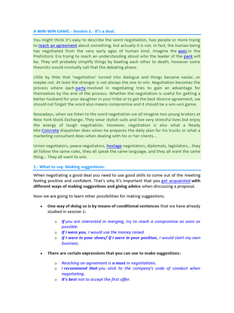 A WIN-WIN GAME. - Session 2. - It's A Deal | PDF | Negotiation | Question