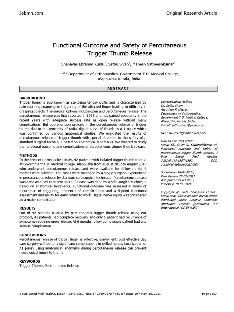 Percutaneous Trigger Thumb Release Outcomes | PDF | Thumb | Diseases ...