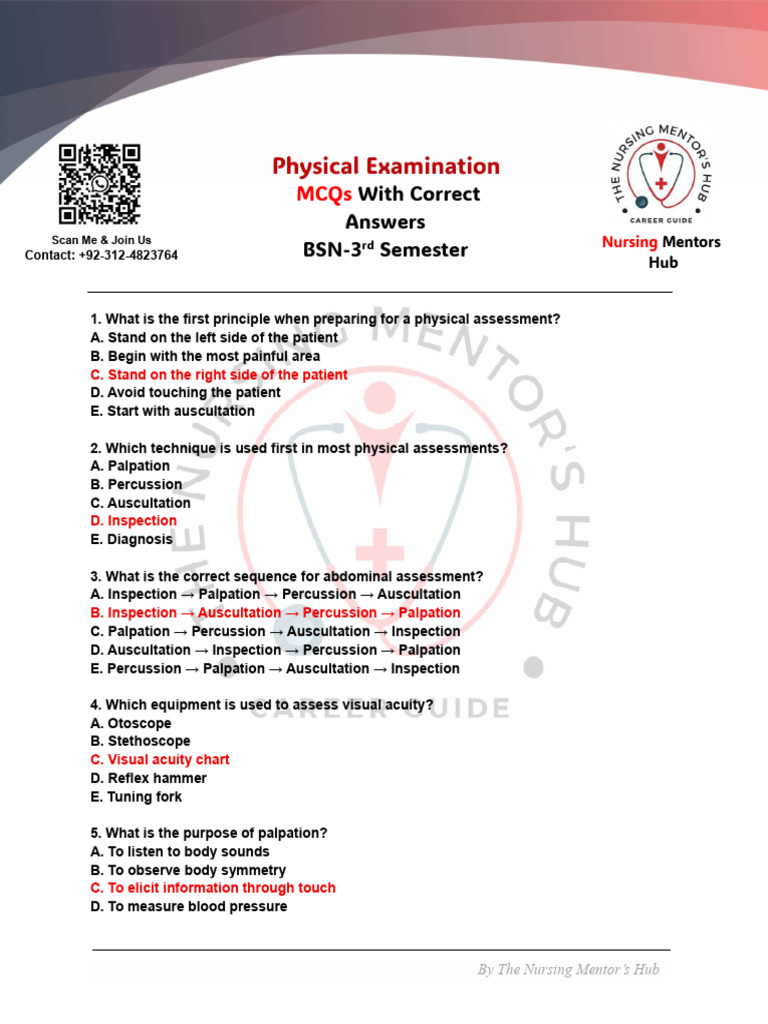 MCQs Unit-III Health Assessment by Team Nursing Mentors | PDF | Medical ...