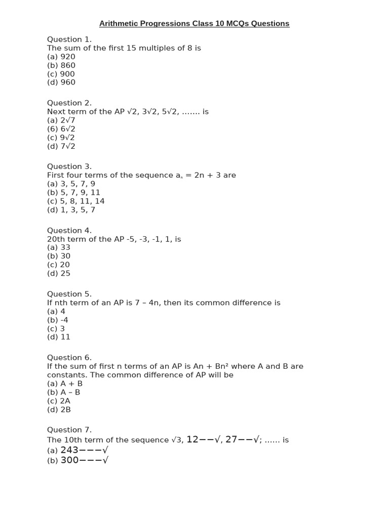 Arithmetic Progressions Class 10 MCQs Questions | PDF