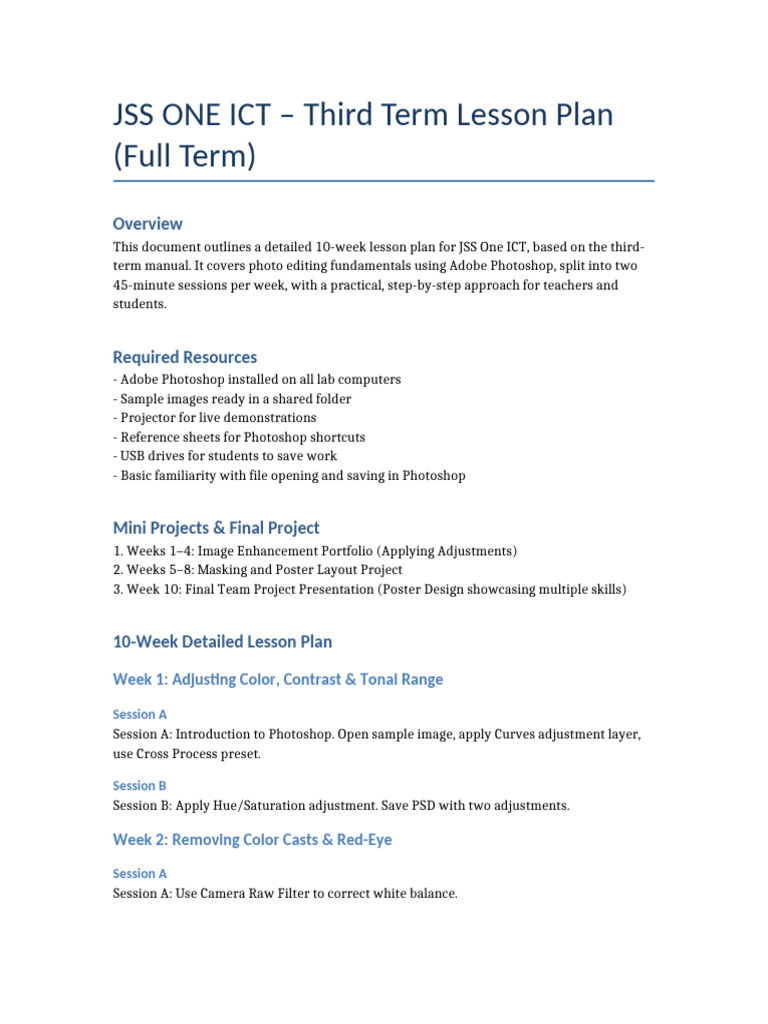 JSS One ICT: 10-Week Photoshop Plan | PDF | Adobe Photoshop | Exposure ...