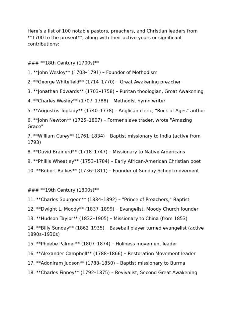 Notable Pastors and Preachers List | PDF | Sermon | Evangelism