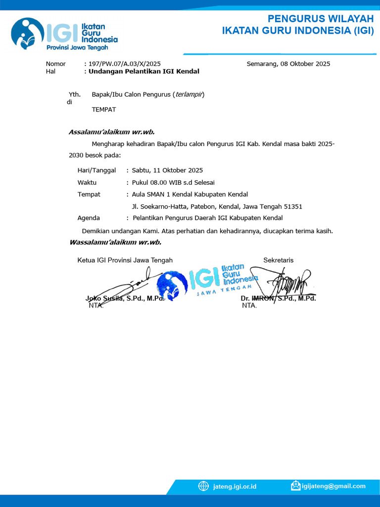 Surat Undangan Pelantikan IGI Kendal | PDF