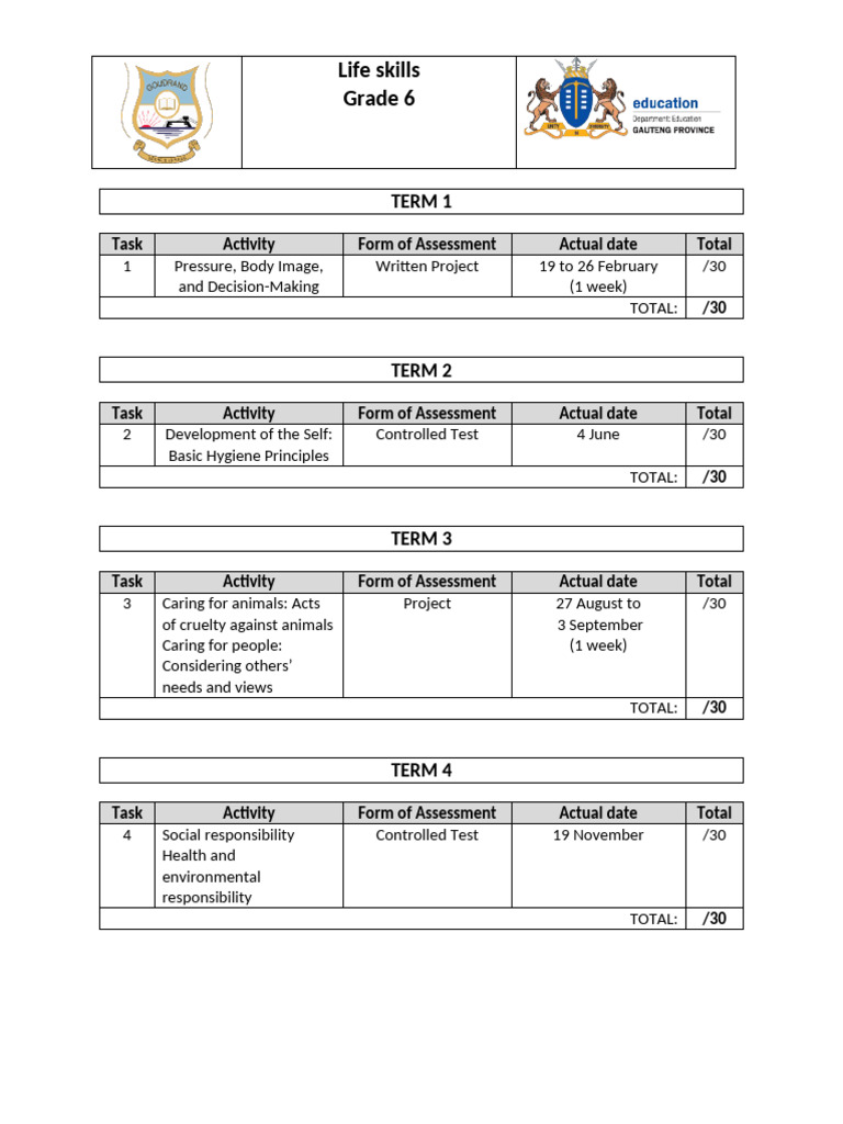 Grade 6 Life Skills Assessment Schedule | PDF