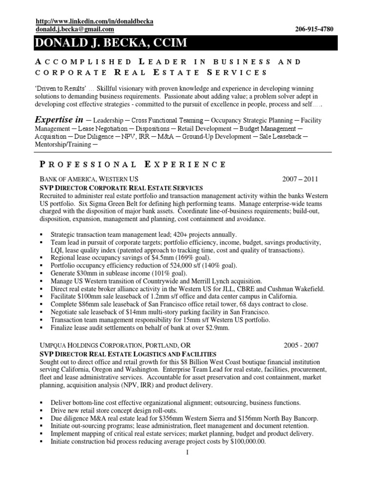 Senior Corporate Real Estate in AZ Resume Donald Becka | PDF | Arizona ...