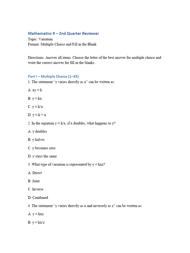 Math9 2ndquarter Reviewer For Variation Problem | PDF | Multiple Choice ...