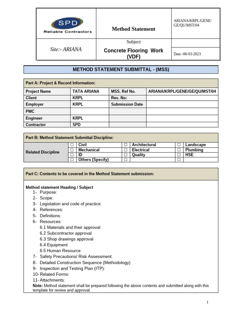 Concrete Flooring Method Statement VDF | PDF | Concrete