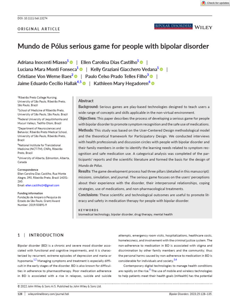 Bipolar Disorders - 2022 - Miasso - Mundo de P Lus Serious Game For ...