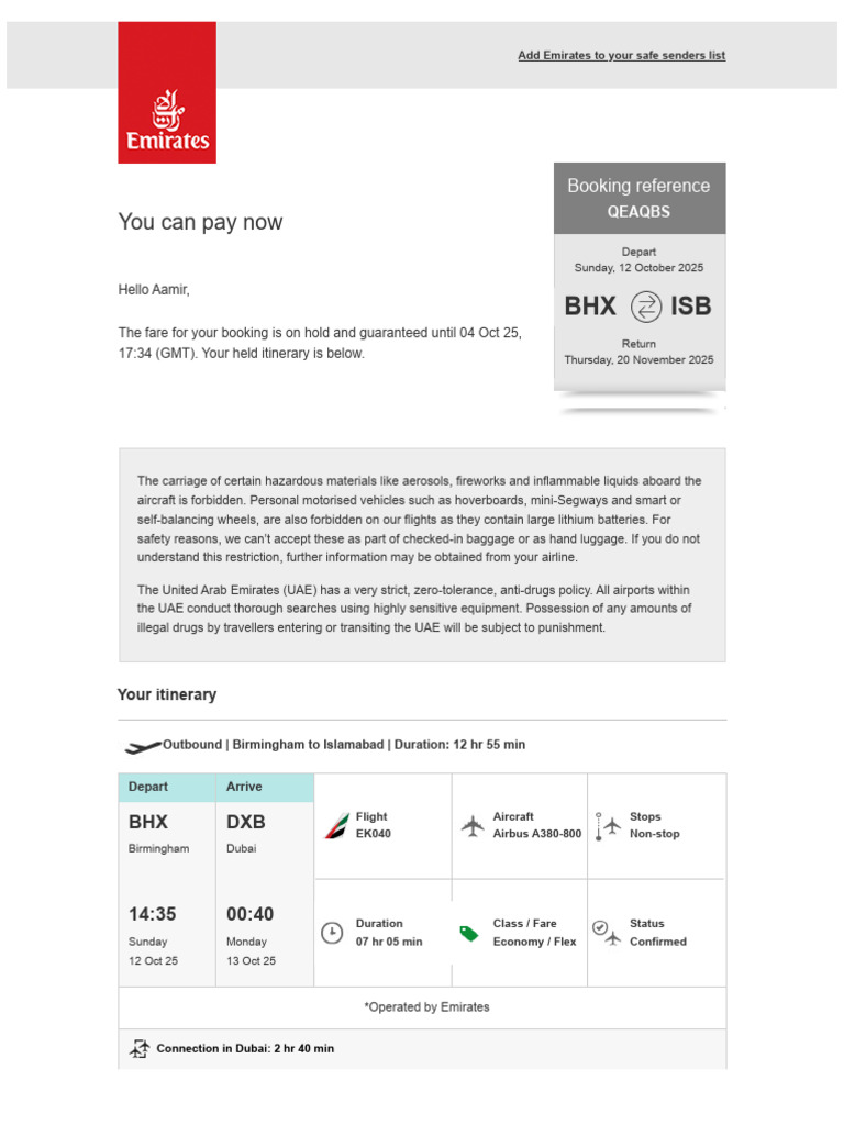 Emirates Flight Itinerary and Policies | PDF | Emirates (Airline ...