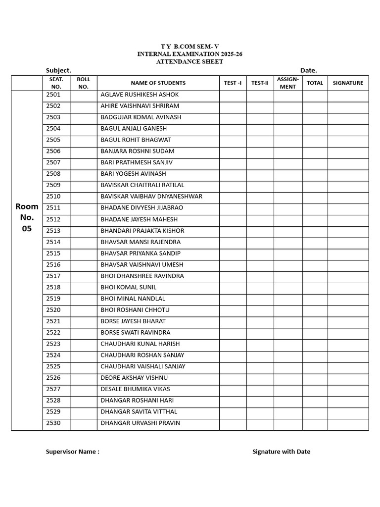 Ty B.com Internal Examination List | PDF